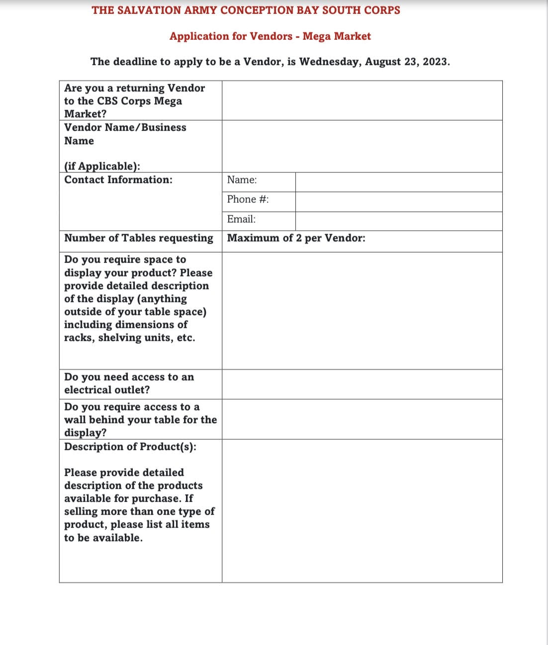 Application page 1 – Salvation Army Conception Bay South Corps
